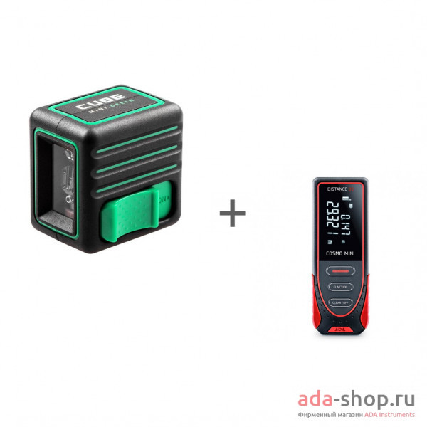 НОВОГОДНИЙ КОМПЛЕКТ Уровень лазерный ADA Cube Mini Green Basic Edition + Дальномер лазерный ADA ...